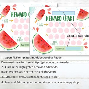 Printable Watermelon Reward Chart for Kids Editable PDF Summer Behavior ...