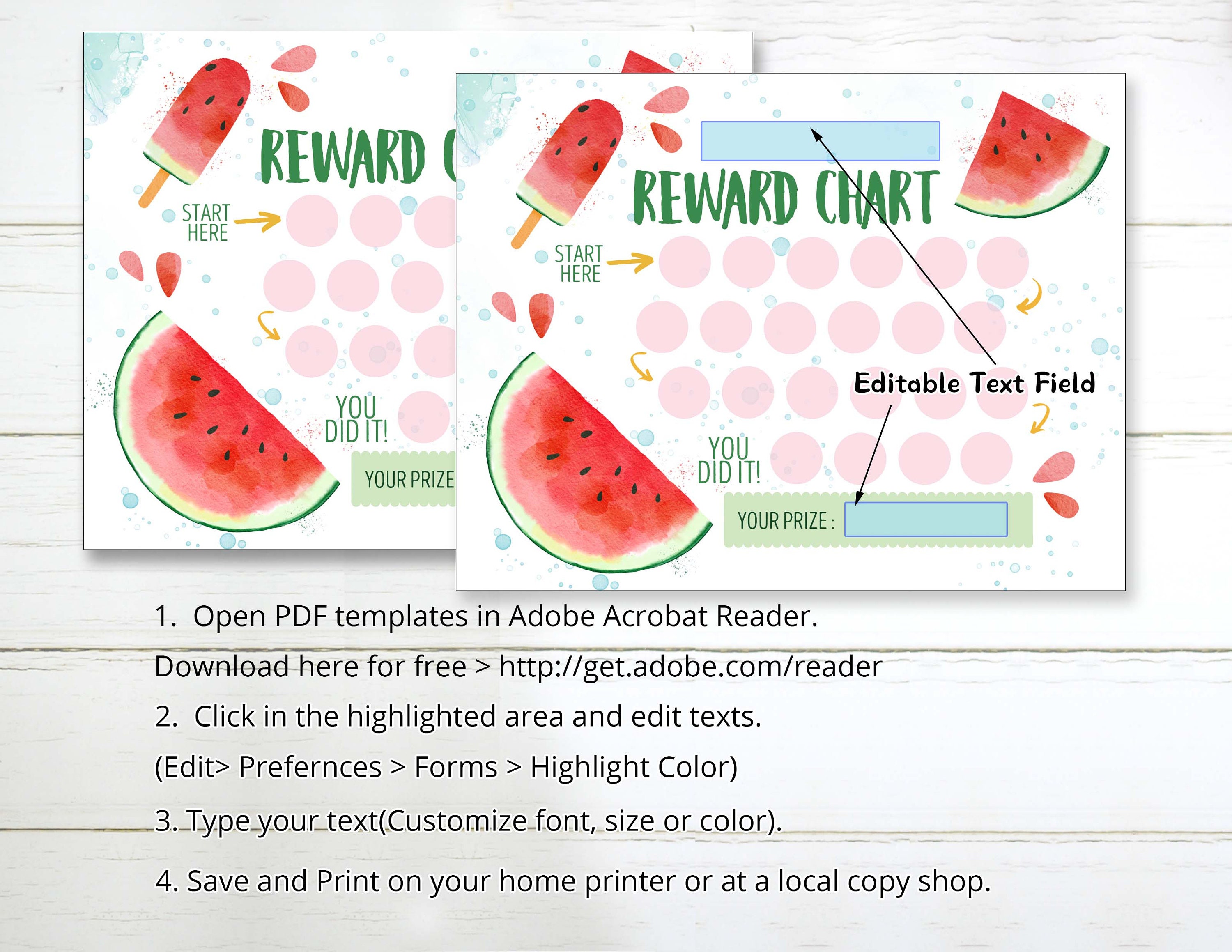 Printable Watermelon Reward Chart for Kids Editable PDF Summer - Etsy ...