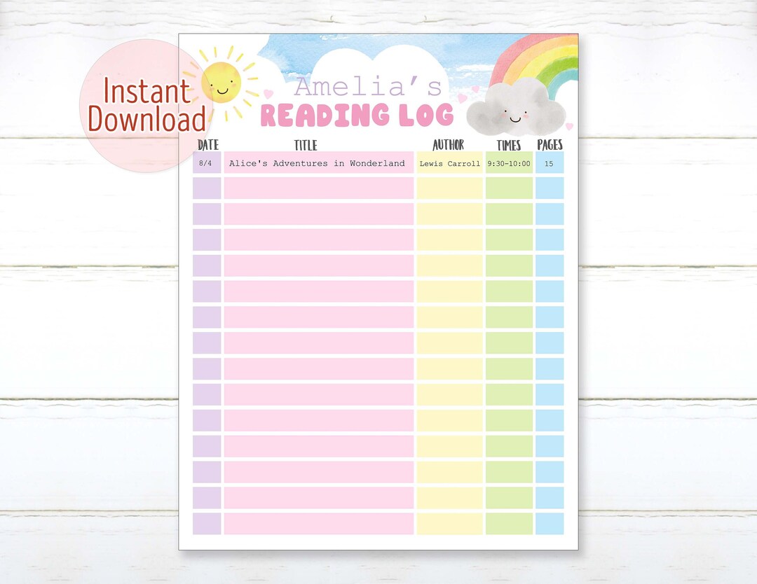 Rainbow Kids Reading Log Printable Sunshine Reading Journal for Kids ...