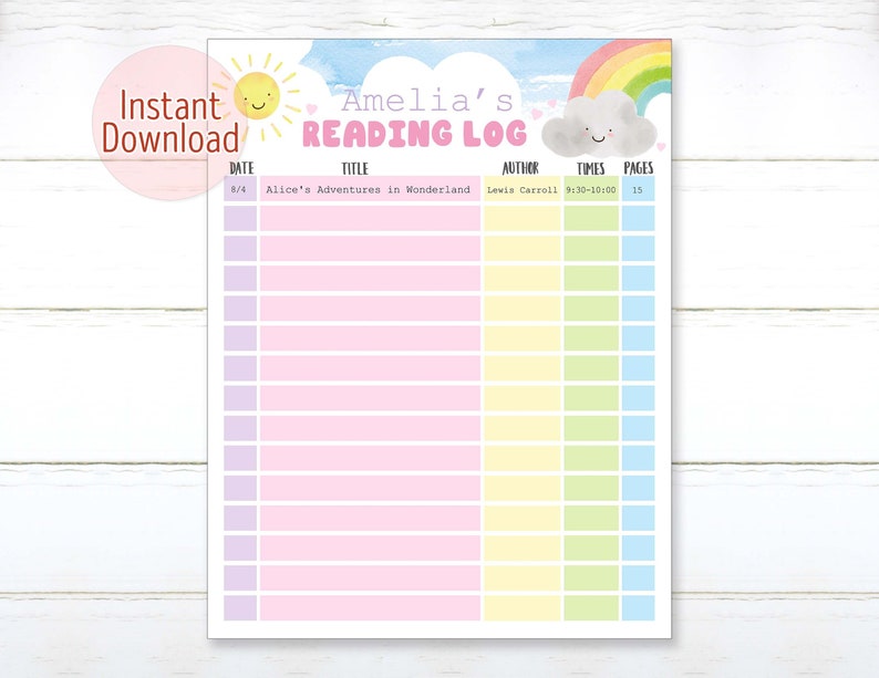 Rainbow Kids Reading Log Printable Sunshine Reading Journal | Etsy