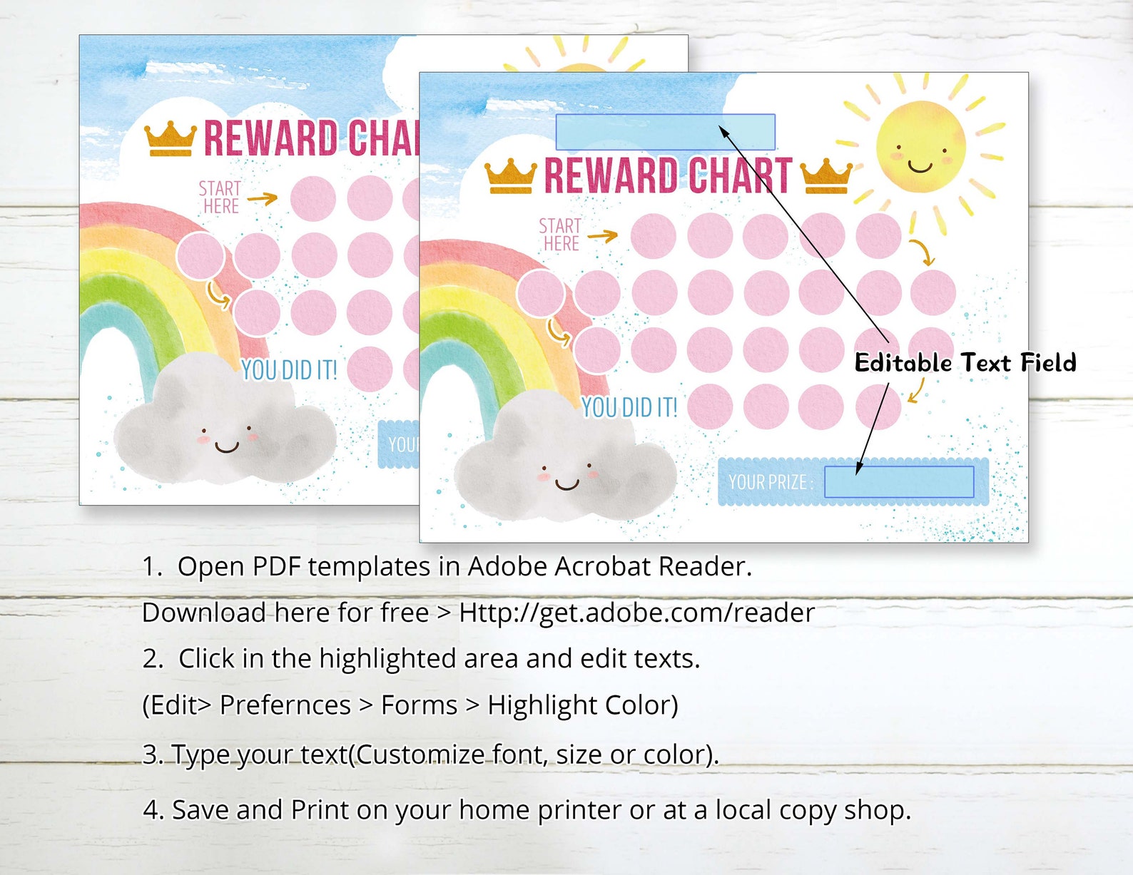 Printable Rainbow Reward Chart For Kids Editable PDF Sunshine | Etsy