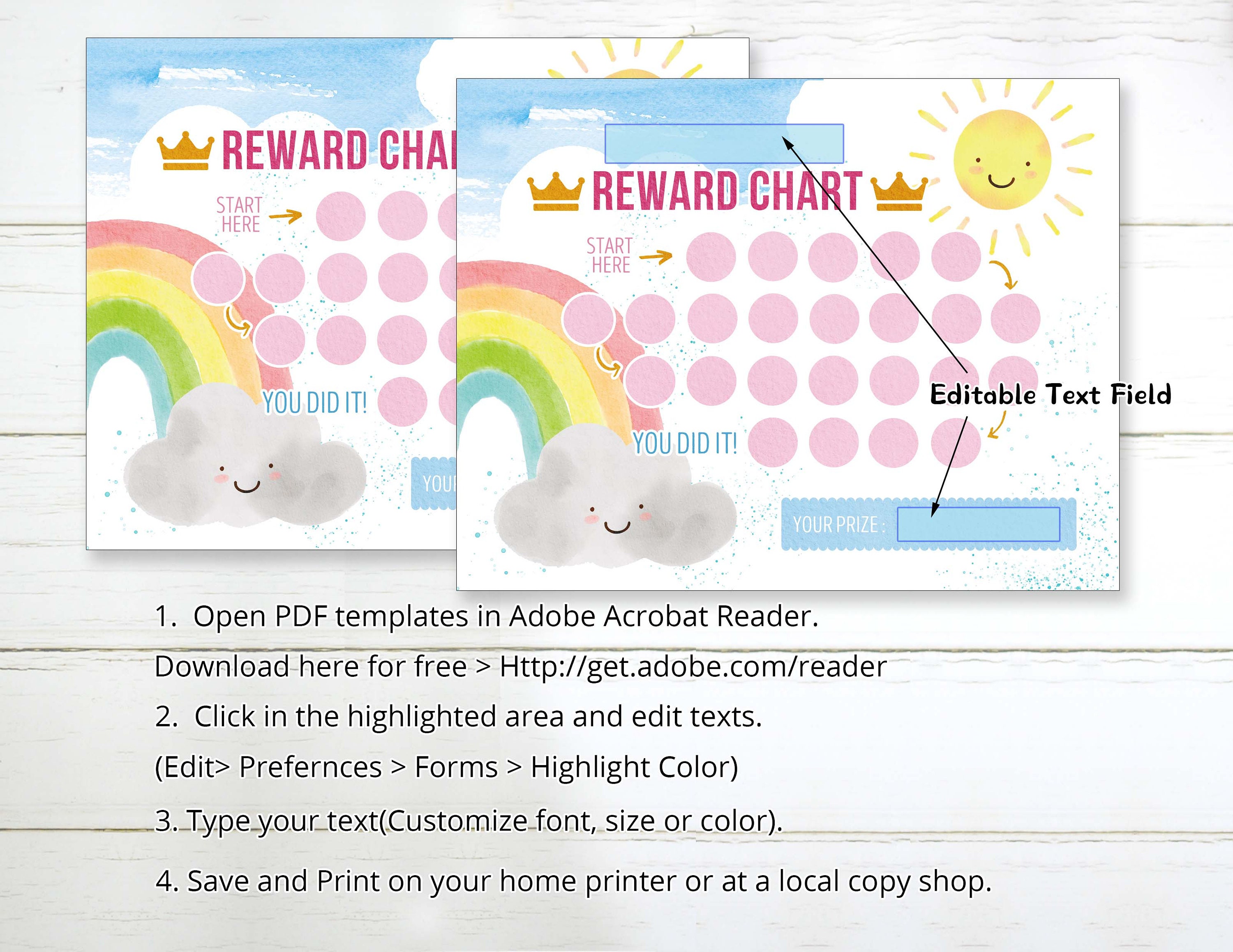 Printable Rainbow Reward Chart For Kids Editable PDF Sunshine | Etsy