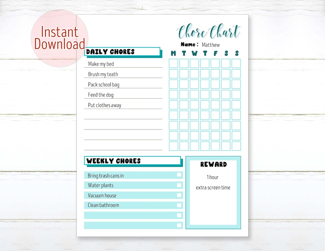 Printable Daily Chore Chart for Kids Weekly Chore Chart Screen Time ...