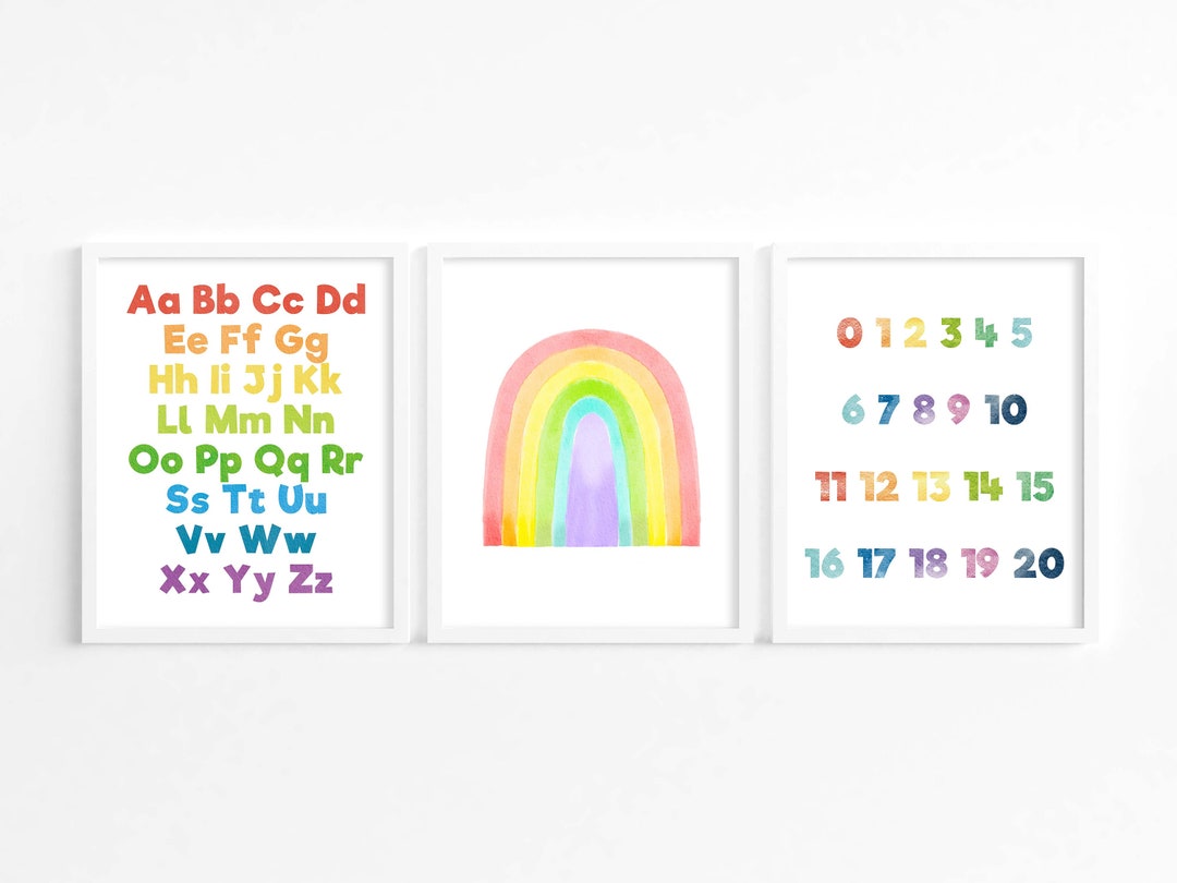 ABC Poster Set of 3 Prints Numbers Alphabet Rainbow Watercolor ...