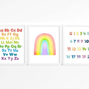 ABC Poster Set of 3 Prints Numbers Alphabet Rainbow Watercolor ...