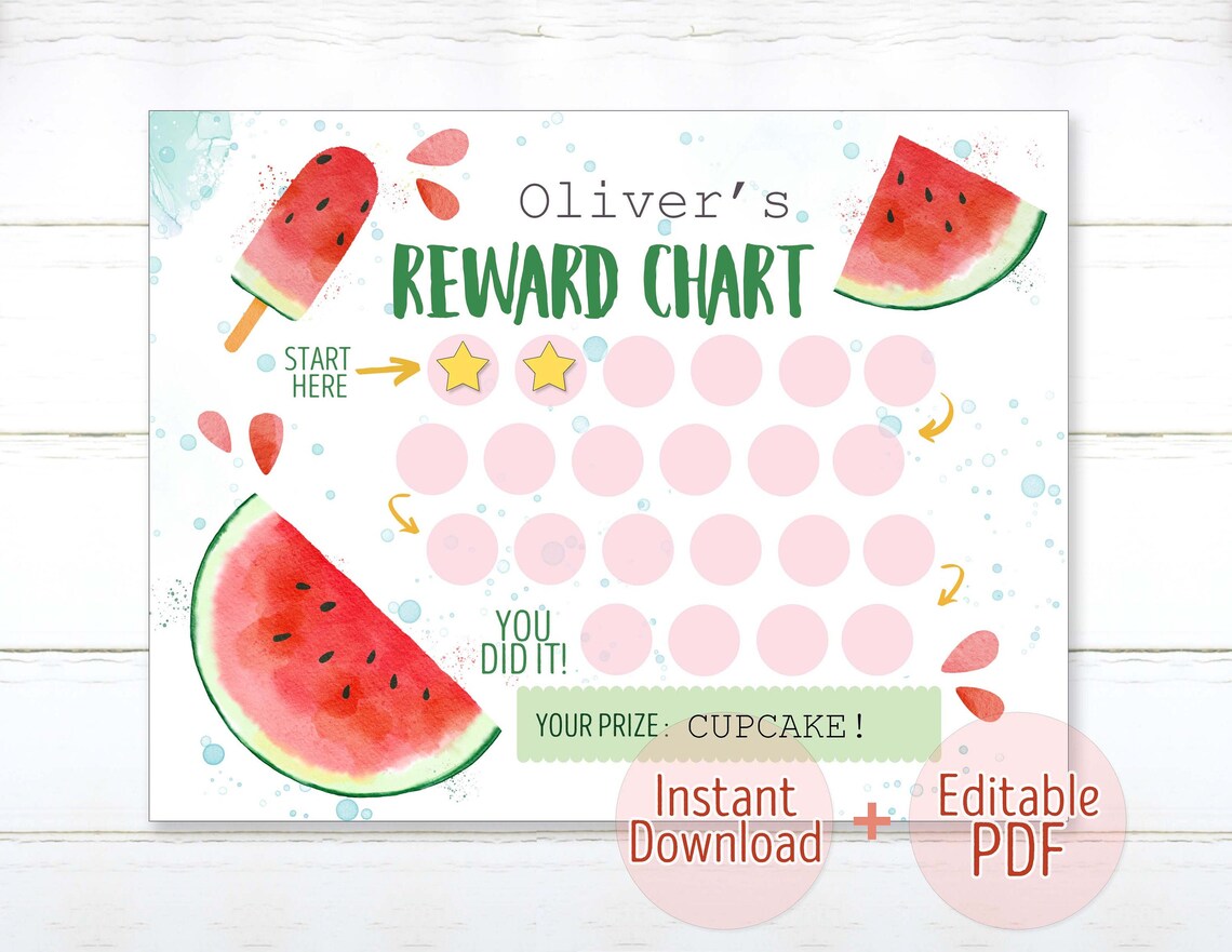 Printable Watermelon Reward Chart For Kids Editable PDF Summer | Etsy