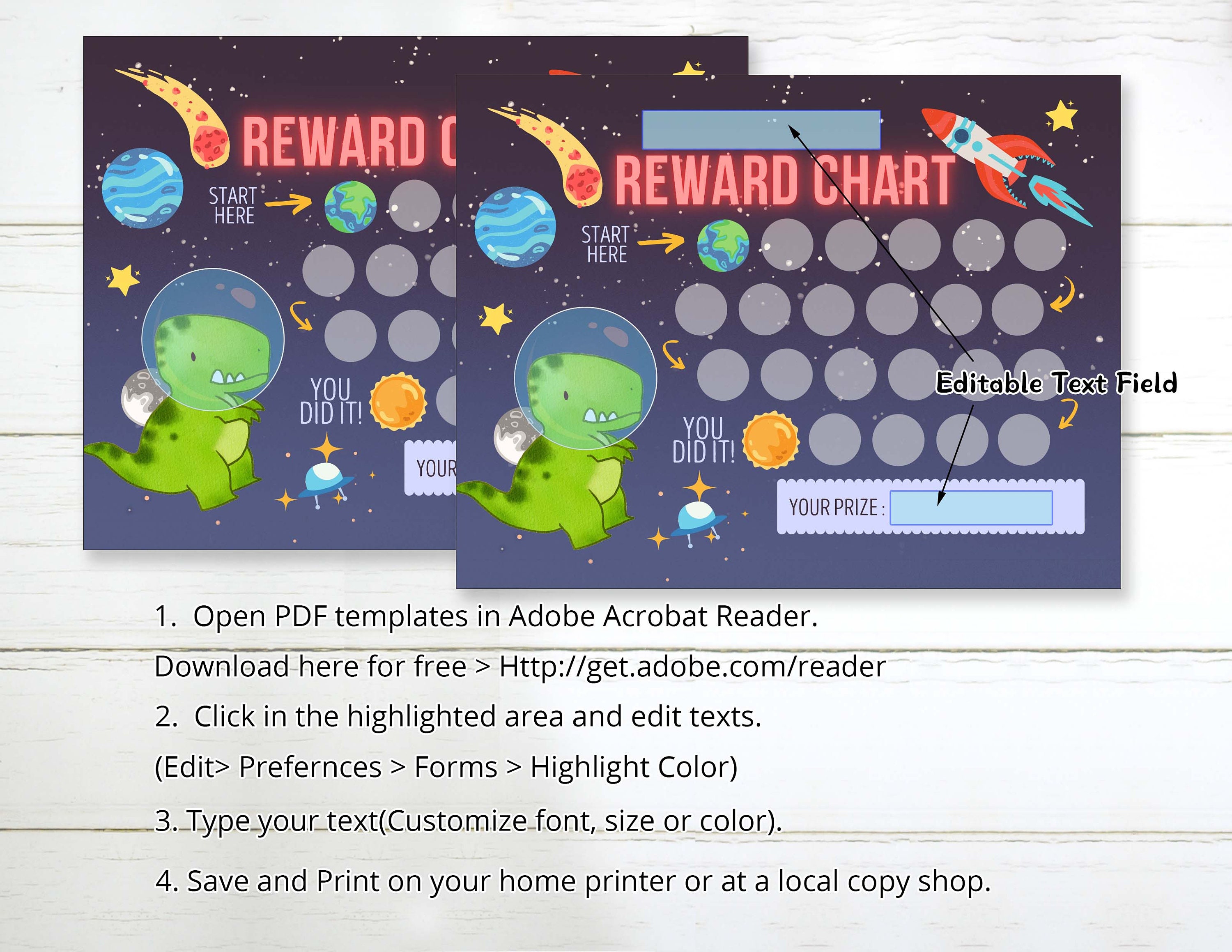 Printable Dinosaur Space Reward Chart For Kids Editable PDF | Etsy