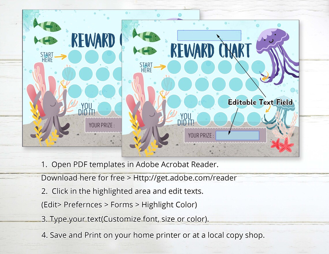 Printable Undersea Reward Chart for Kids Editable PDF Ocean - Etsy