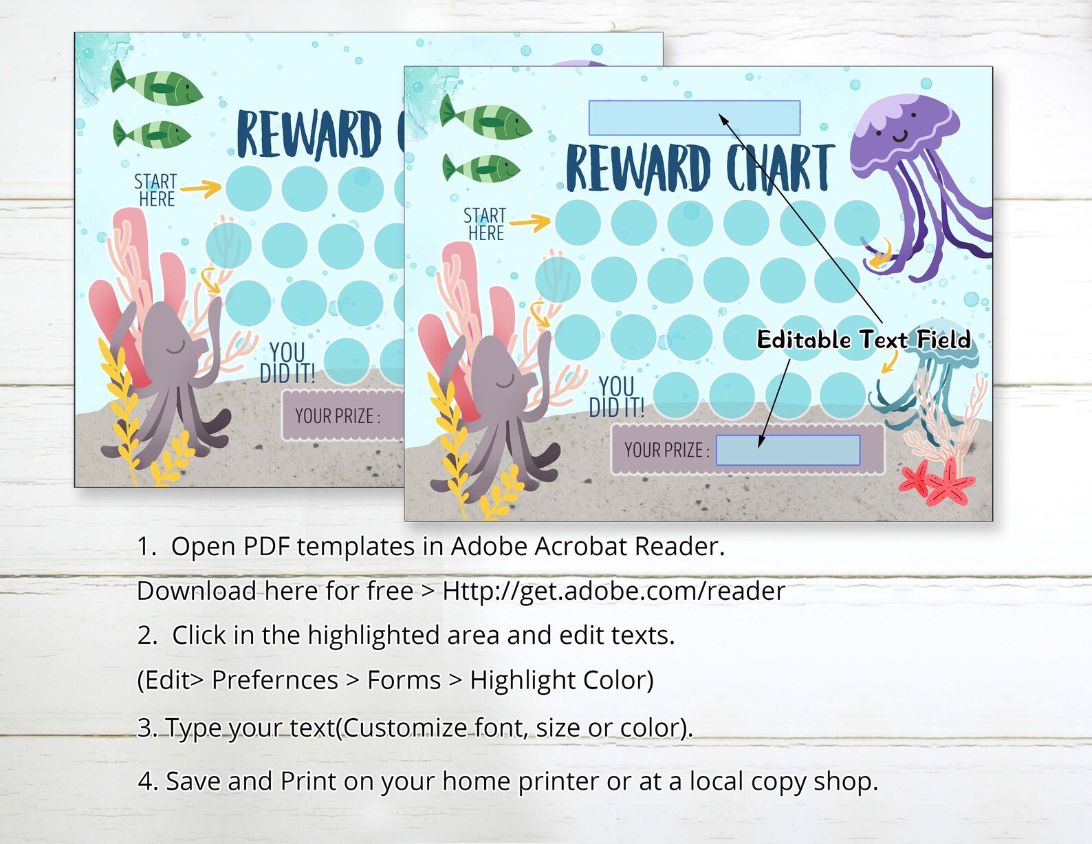Printable Undersea Reward Chart for Kids Editable PDF Ocean - Etsy