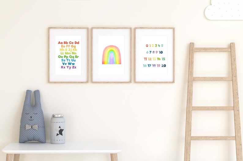 ABC Poster Set of 3 Prints Numbers Alphabet Rainbow Watercolor ...