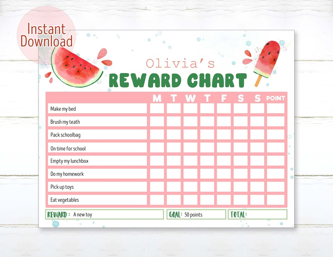 Printable Watermelon Reward Chart for Kids Summer Fruits Behavior Chart ...