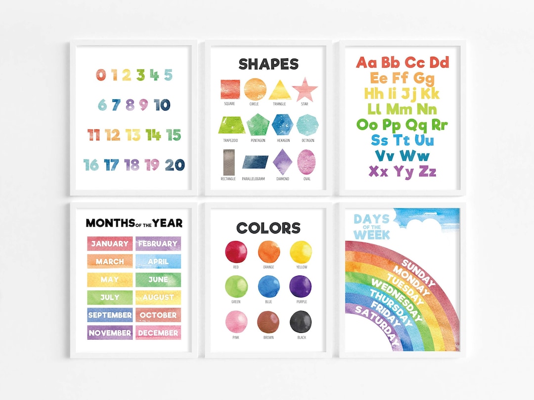Set of 6 Educational Learning Prints Watercolor Rainbow ABCs Numbers ...