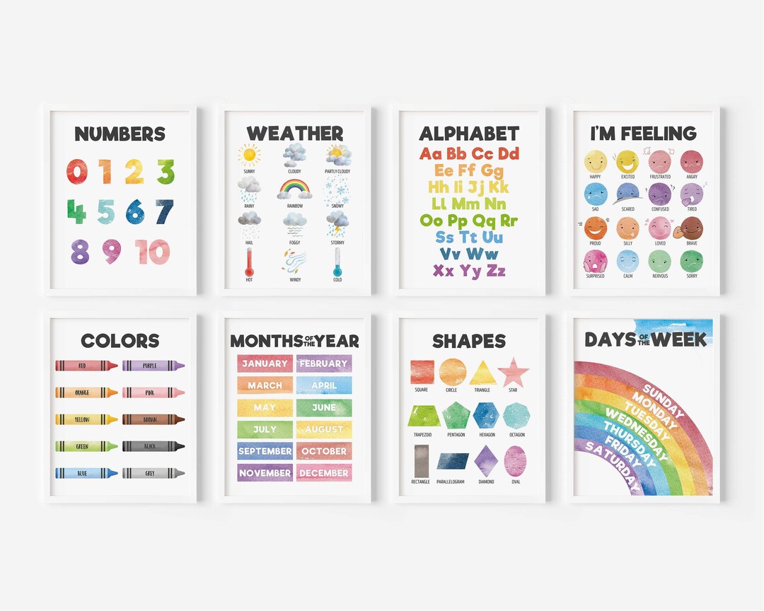 Set of 8 Educational Learning Prints Watercolor Rainbow Abcs Numbers ...