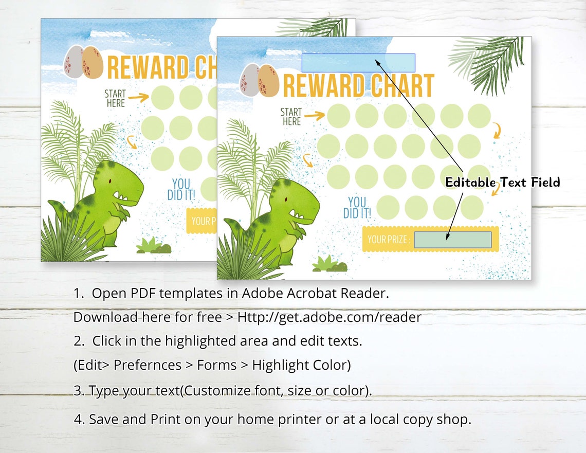 Editable Dinosaur Reward Chart for Kids Printable Fillable PDF Behavior ...