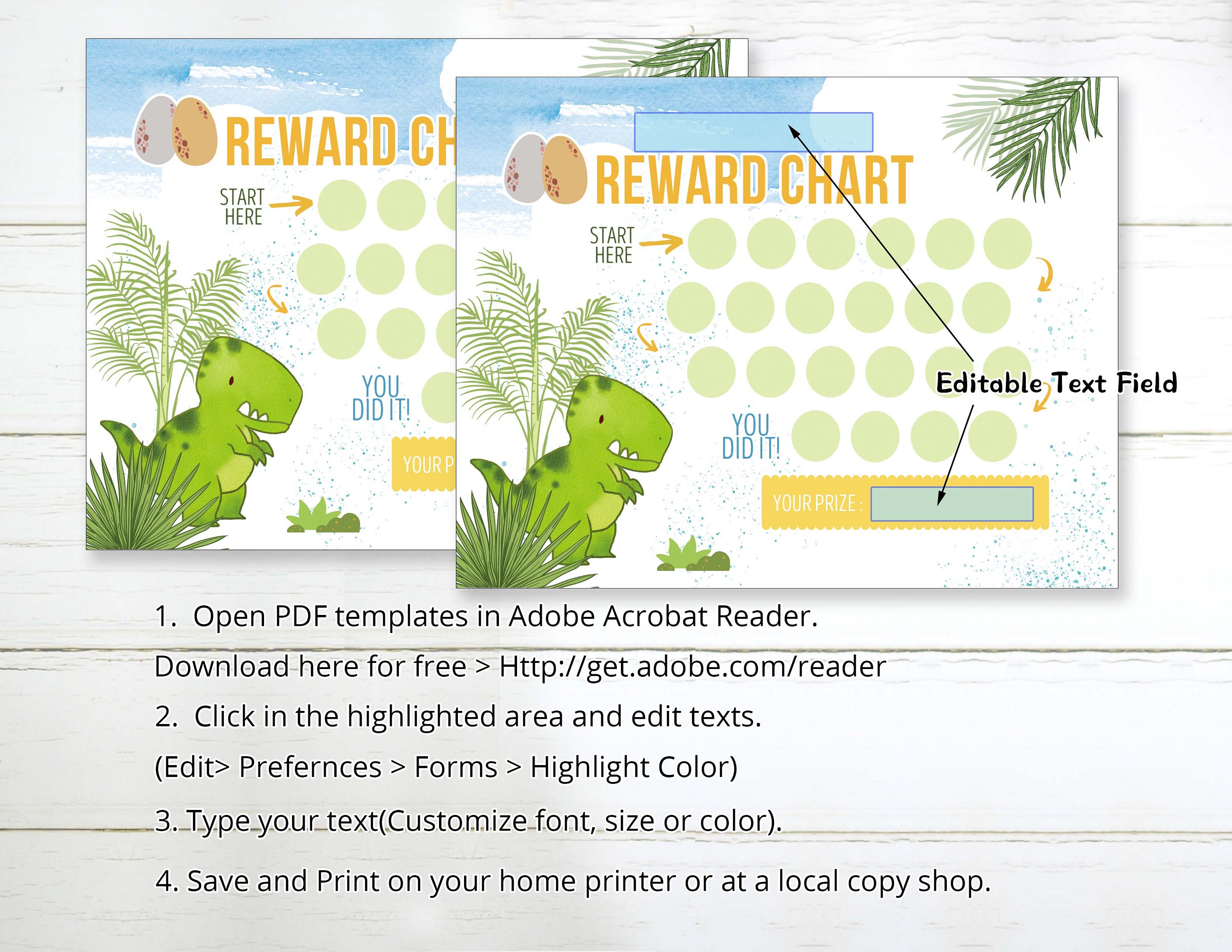 Editable Dinosaur Reward Chart for Kids Printable Fillable PDF - Etsy ...