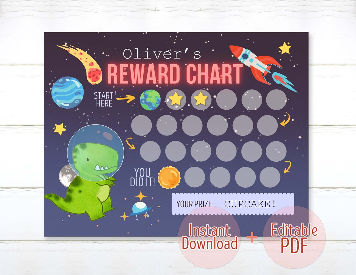 Printable Dinosaur Space Reward Chart For Kids Editable PDF | Etsy