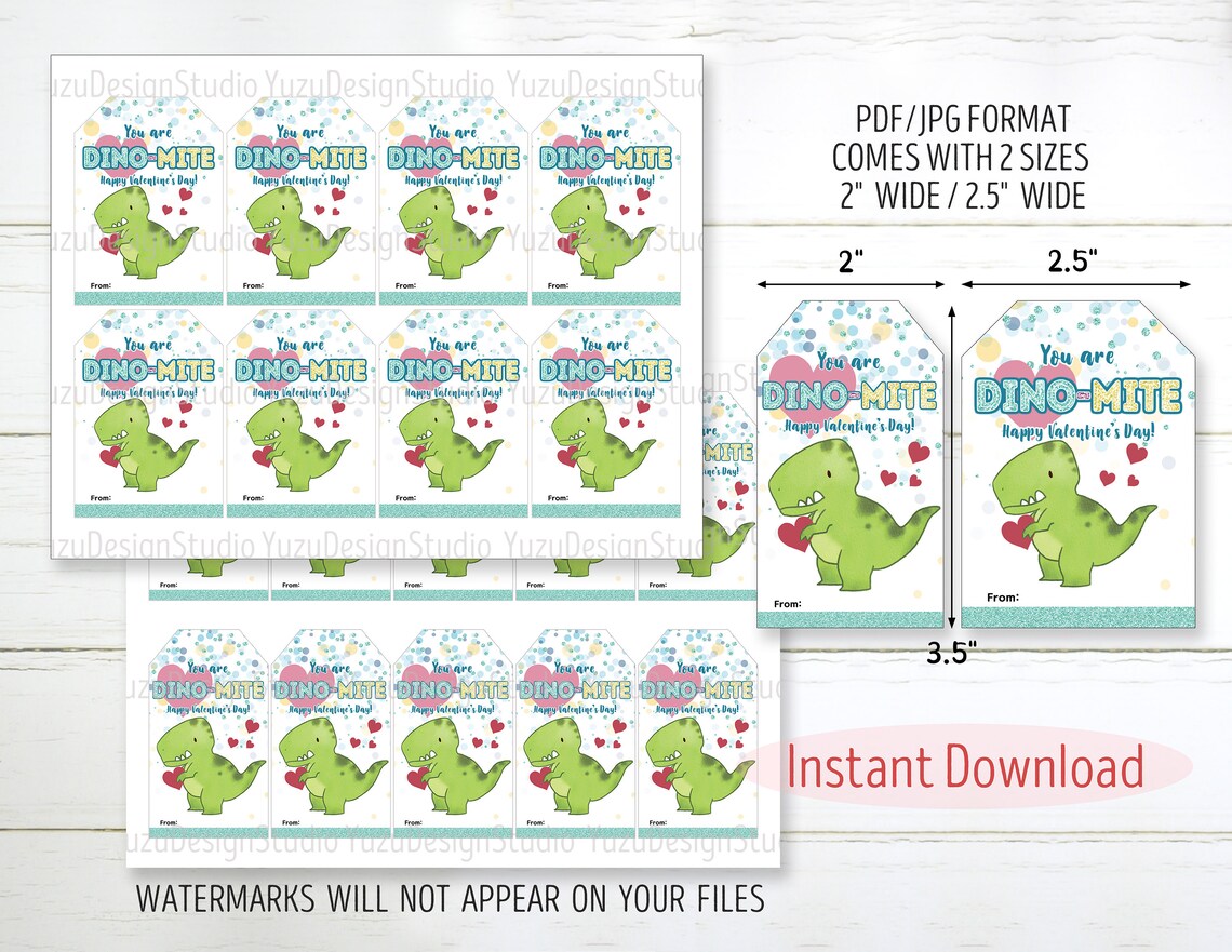 Dino-mite Valentine Tags Dinosaur Valentine Cards for Kids - Etsy
