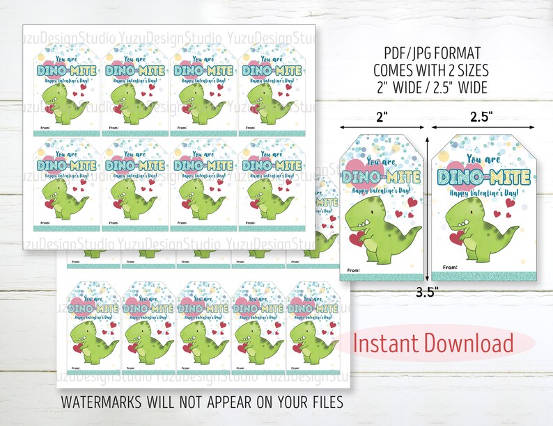Dino-mite Valentine Tags Dinosaur Valentine Cards for Kids - Etsy