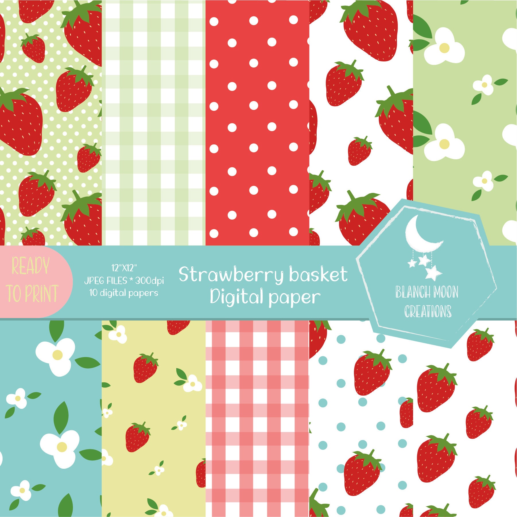 Strawberry Scrapbook Paper, Strawberry Basket, 10 Digital Papers 12x12 ...