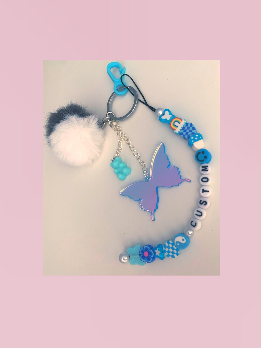Keychain Chunky Blue Butterfly Strap Custom Personalise Fluffy ...