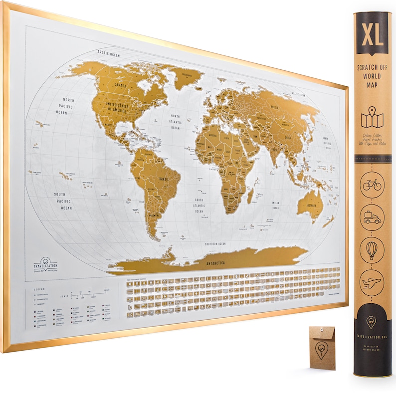 XL Scratch off Map of the World With Flags 36x24 Easy to Frame Scratch ...