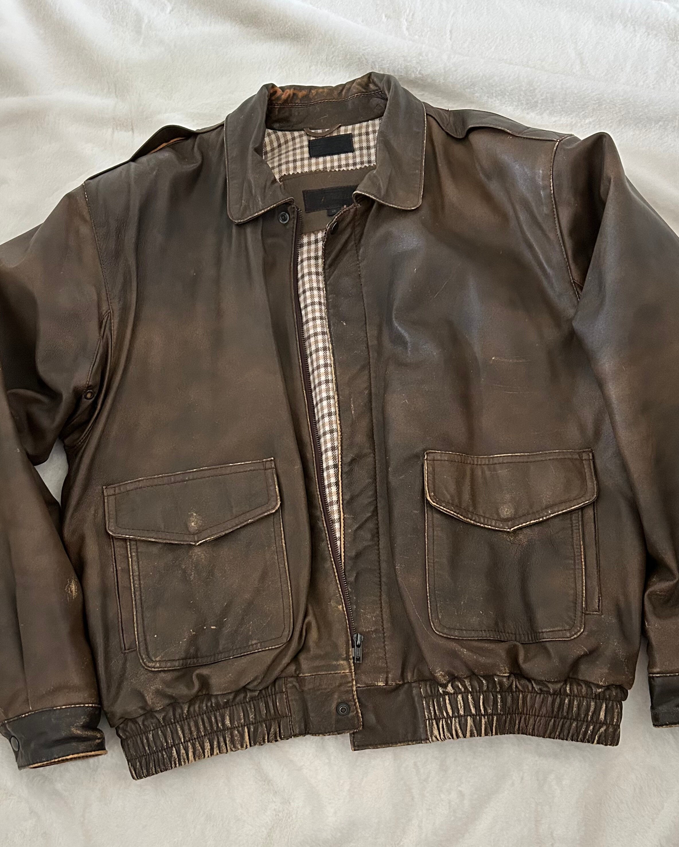 Men's Distressed Leather Vintage Bomber Jacket Retro Style, Classic ...