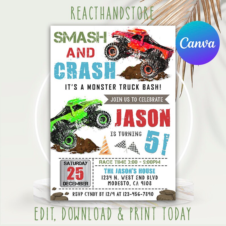 EDITABLE Monster Truck Birthday Invitation, Monster Truck Invitation ...