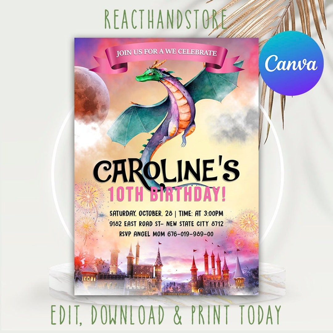 Dragon Birthday Invitation, Fantasy Fairy Tale Pink Blue Birthday Party ...