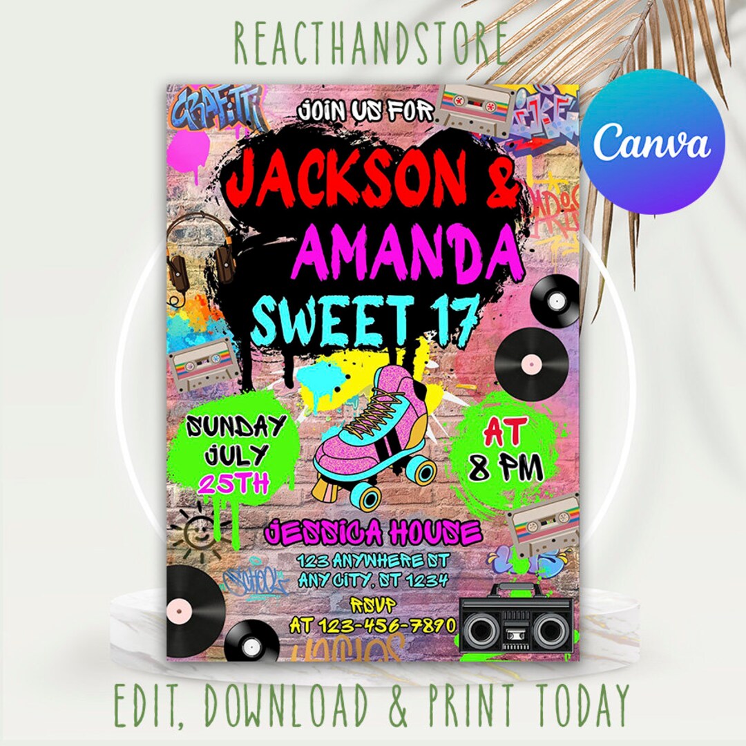 Graffiti 80s 90s Retro Birthday Invitation, Graffiti Party Invite ...