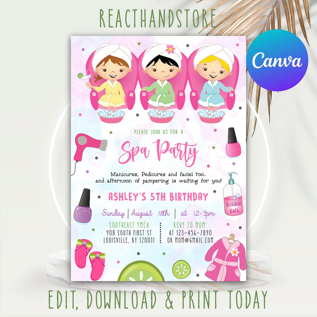 Spa Party Birthday Invitation Template Printable, Spa Party Birthday ...
