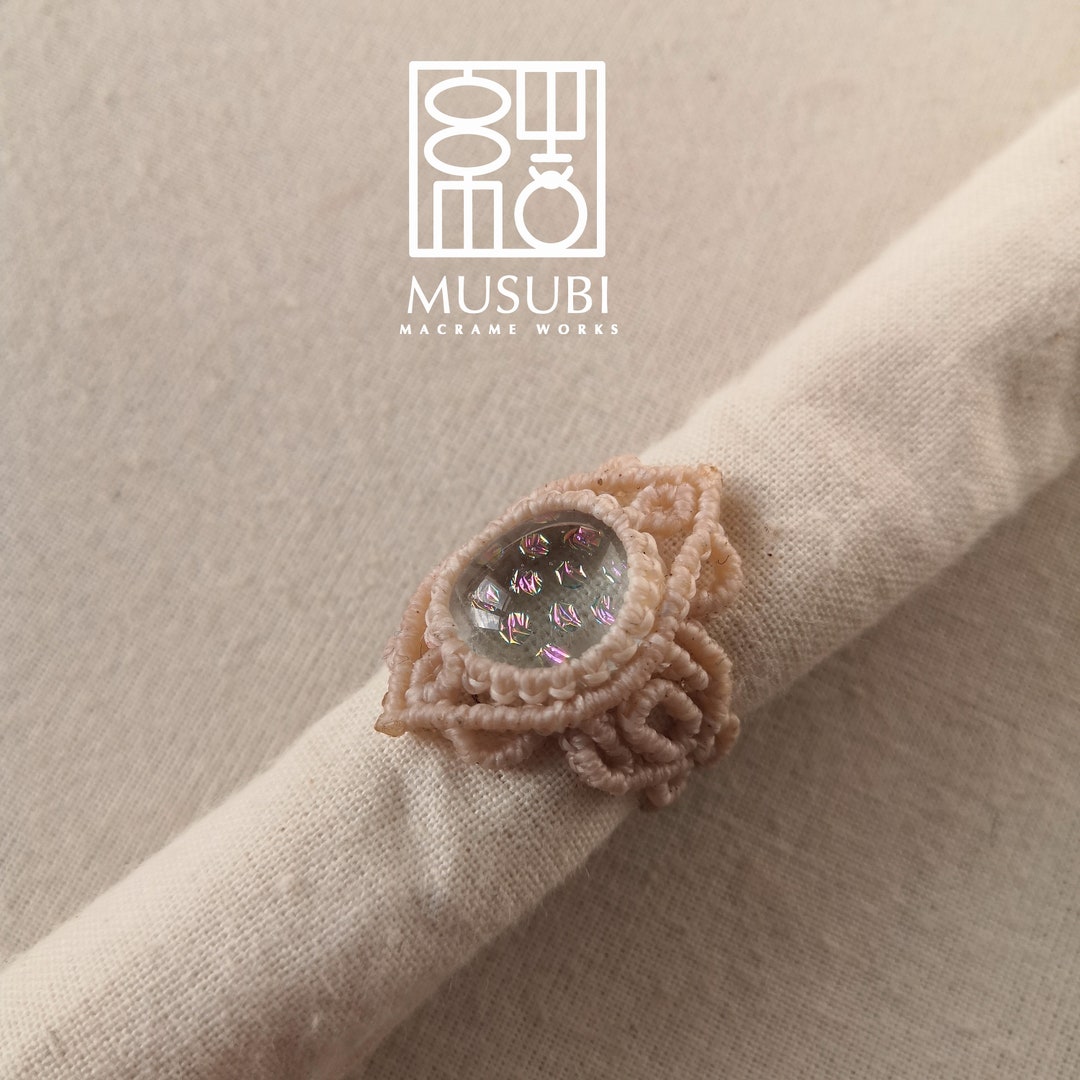 Macrame Ring With Dichroic Glass Dots, Ring With Stone, Macrame Ring ...