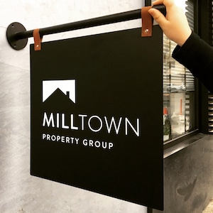 Hanging Double Sided Business Sign: Custom Logo, Metal Storefront Sign ...