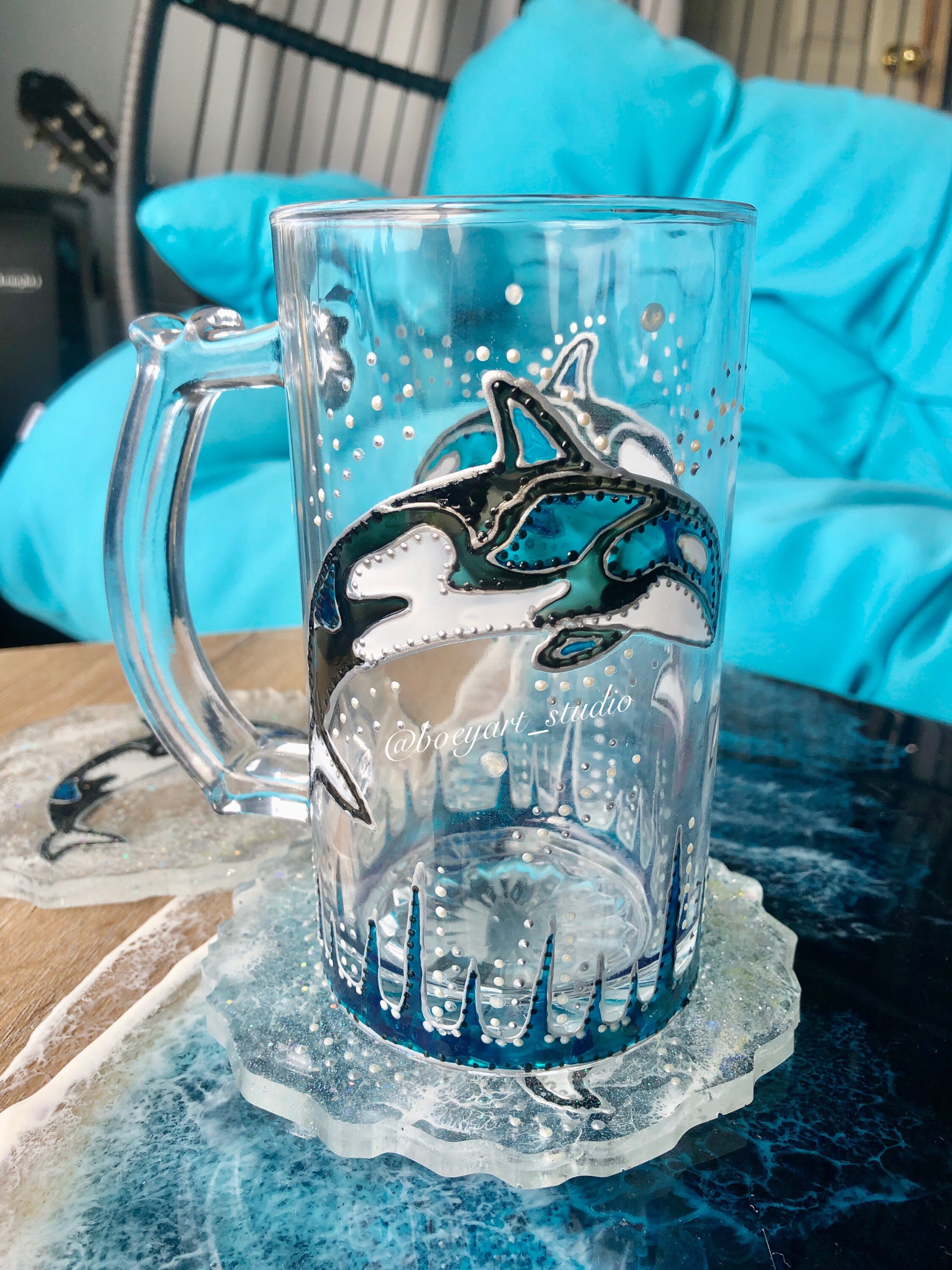Orca in Ocean, Glass Painting Art, Handmade Glass Cup, Thanksgivings Gift