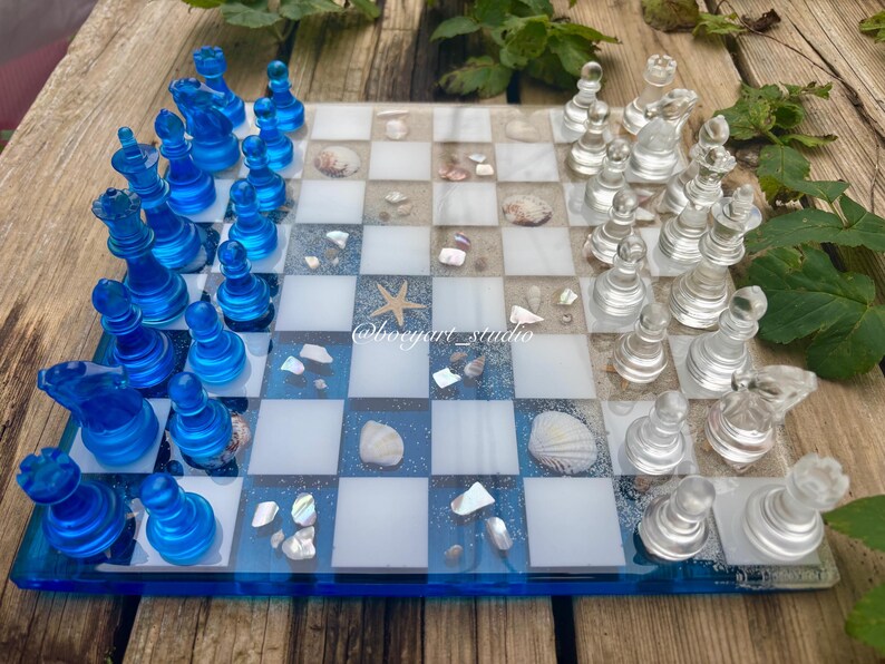 Ocean Resin Chess Board Set: Handmade Nautical Decor (12"x12") - Etsy