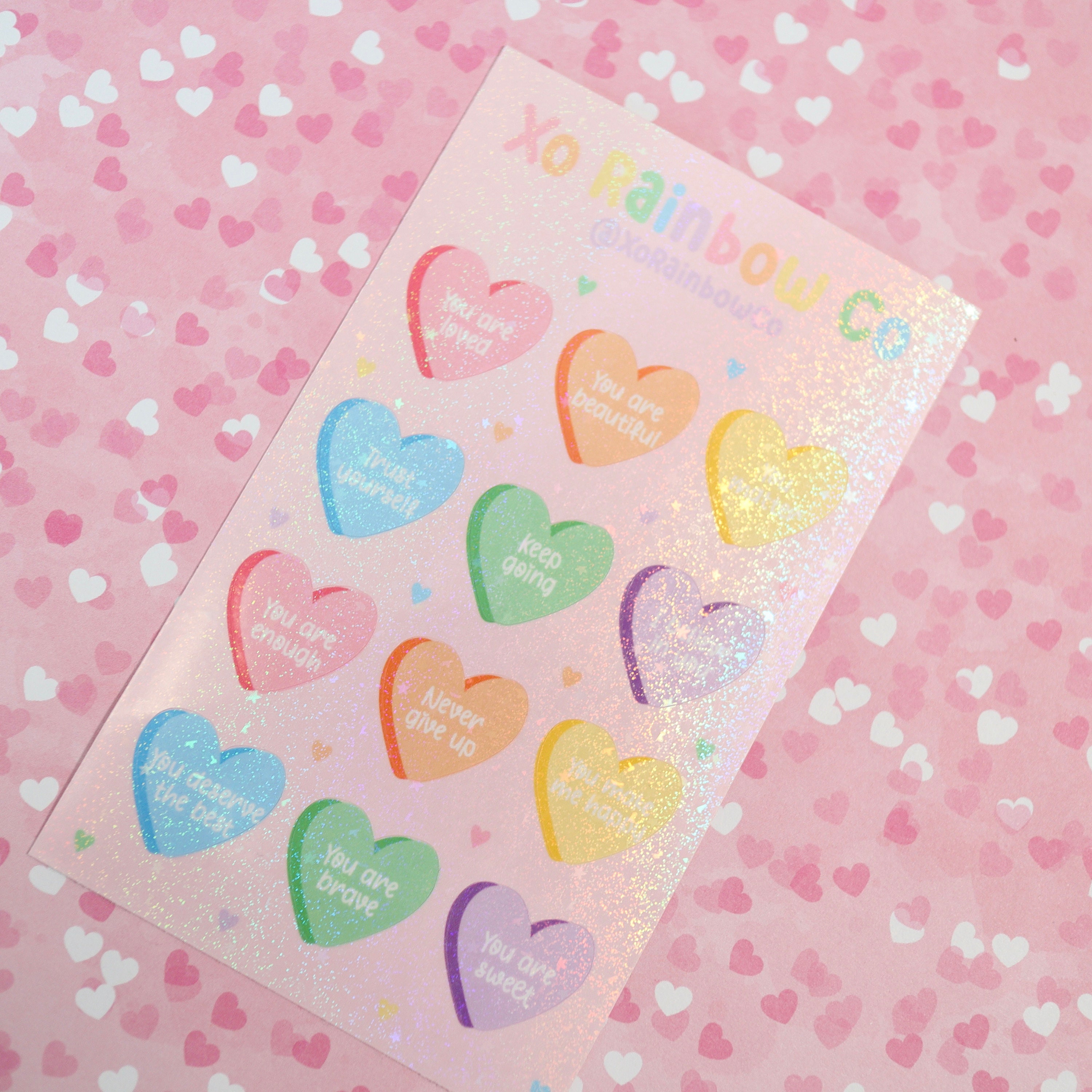 Positive Conversation Hearts Glitter Sticker Sheet, Candy Heart Sayings ...