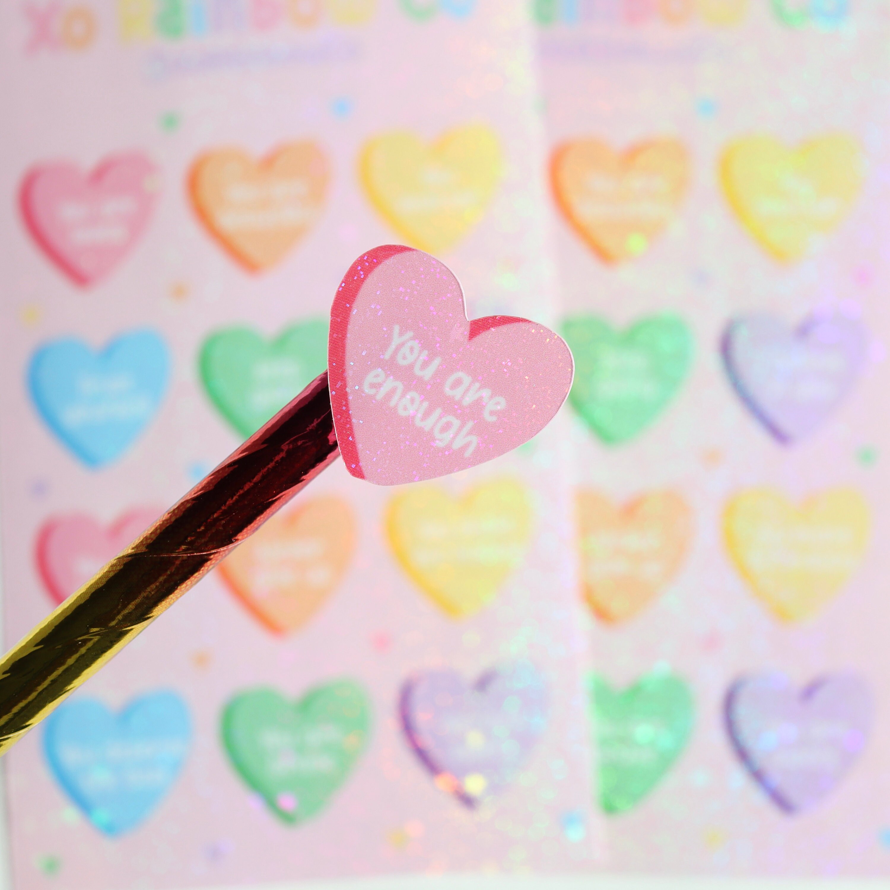 Positive Conversation Hearts Glitter Sticker Sheet, Candy Heart Sayings ...