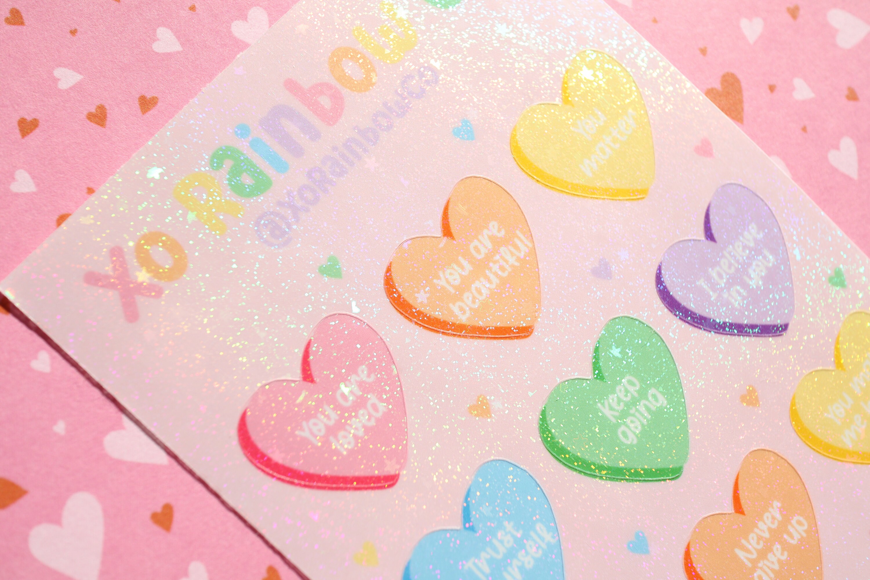 Positive Conversation Hearts Glitter Sticker Sheet, Candy Heart Sayings ...