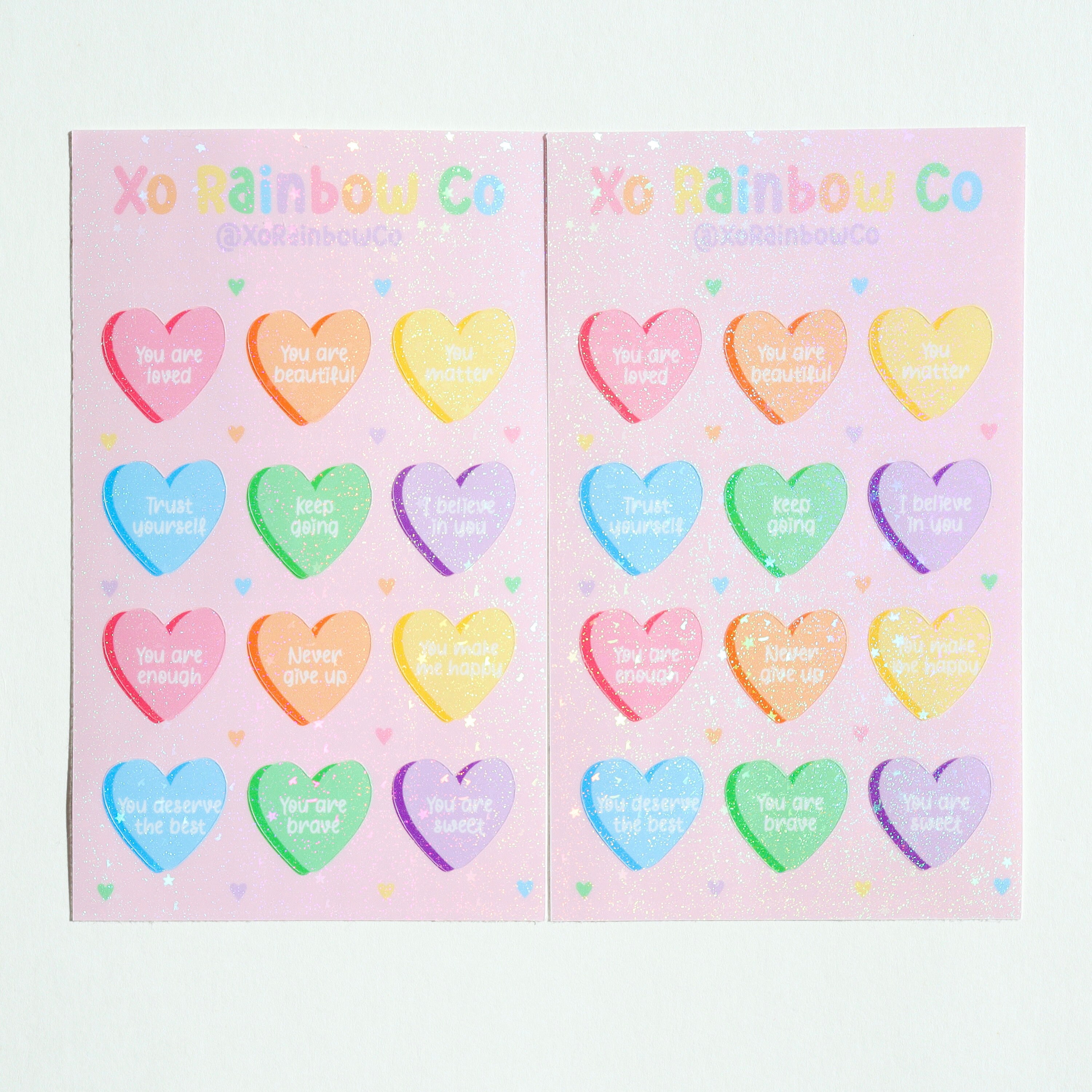 Positive Conversation Hearts Glitter Sticker Sheet, Candy Heart Sayings ...