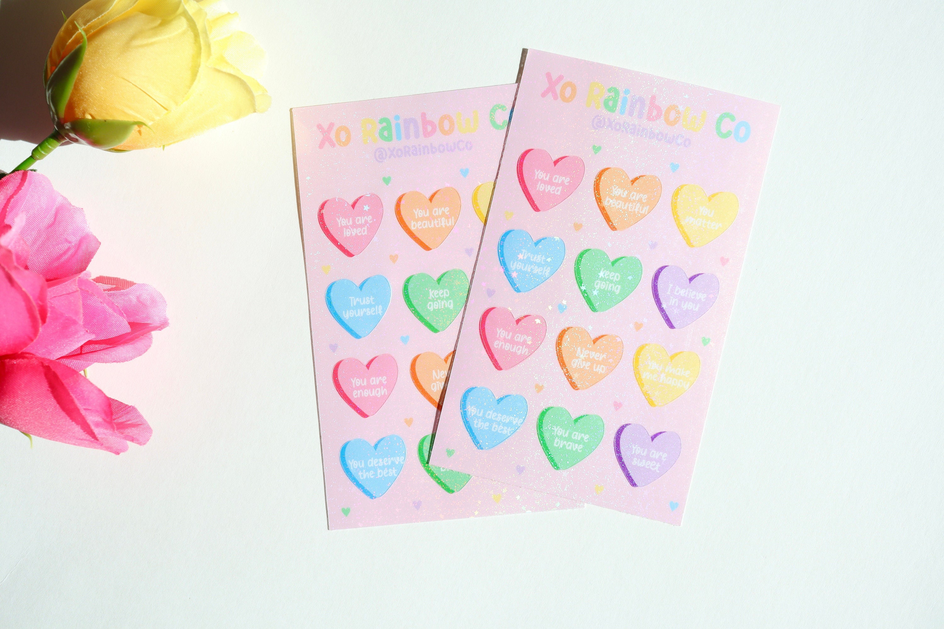 Positive Conversation Hearts Glitter Sticker Sheet, Candy Heart Sayings ...