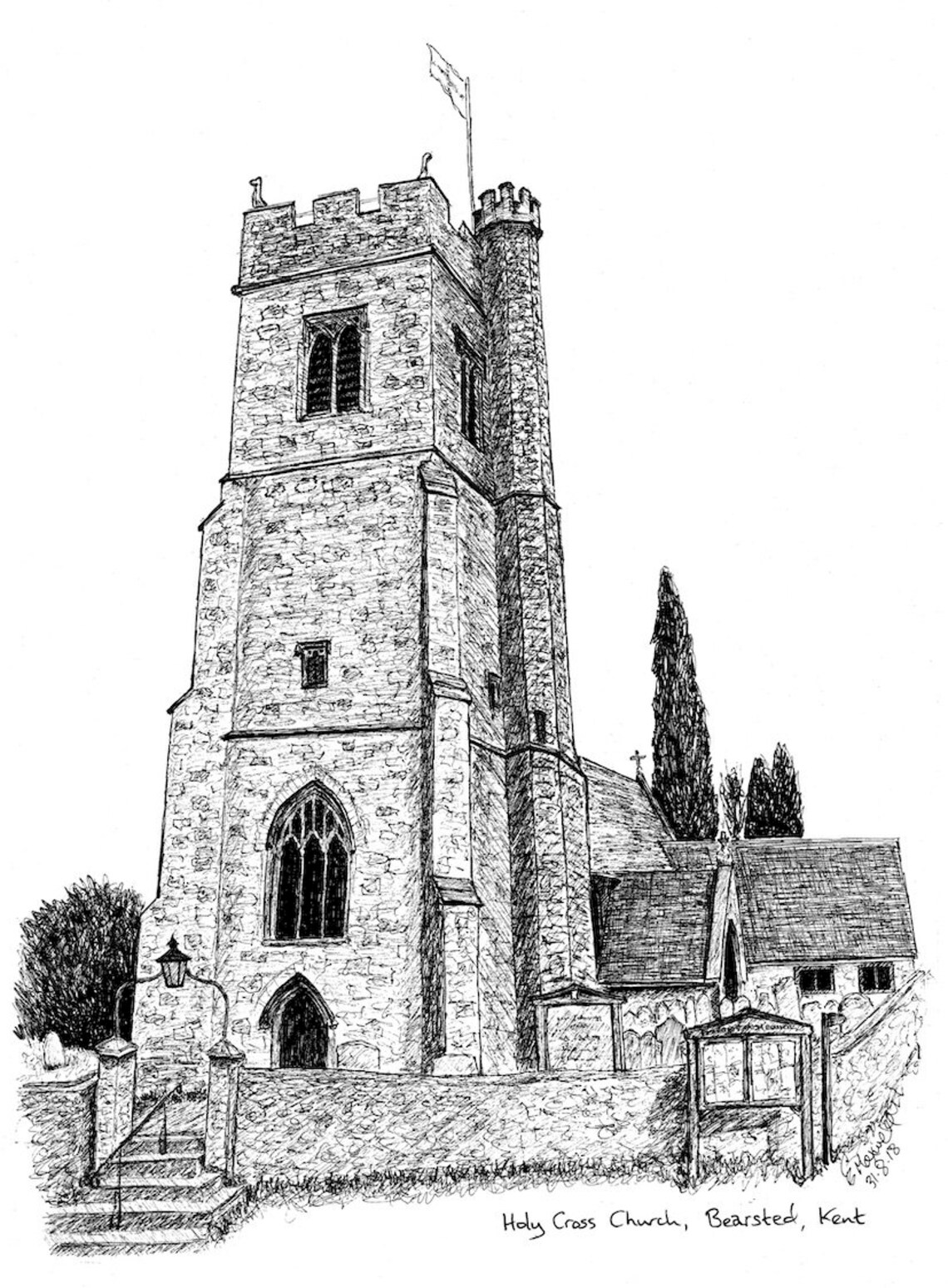 Print of Line Drawing of Holy Cross Church Bearsted Kent | Etsy