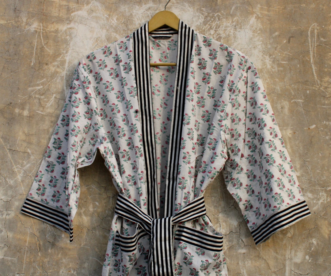 Indian 100% Cotton Kimono, Hand Block Print Bathrobe Bohemian Style ...