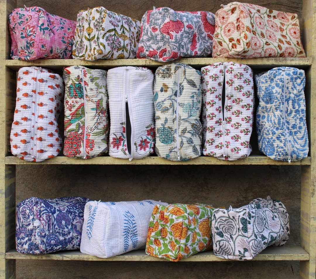 Hand Block Print Cotton Bags Makeup Bag Floral Print Bags Toiltery Bags ...