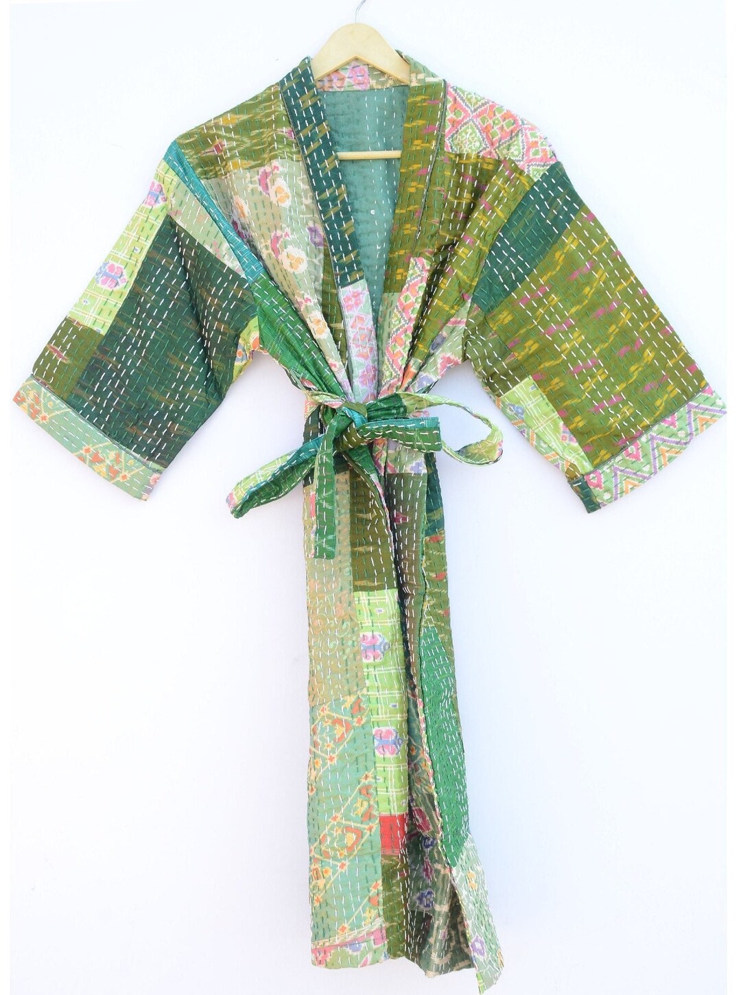 Patchwork Multicolor Silk Kantha Quilted Kimono With Pocket and Belt ...