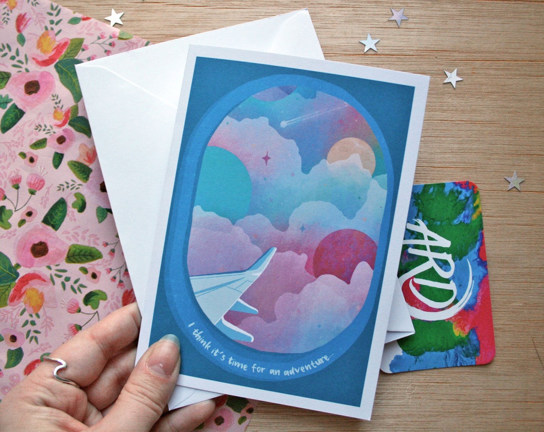 Travel Themed Greetings Card or Postcard Plane Window Illustration With ...