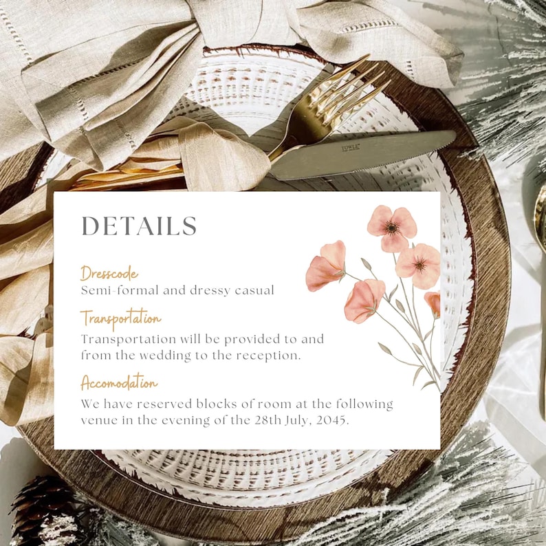 Floral Wedding Details Card Template, Editable Canva Insert, Botanical ...
