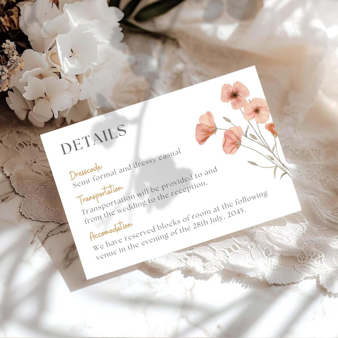 Floral Wedding Details Card Template, Editable Canva Insert, Botanical ...