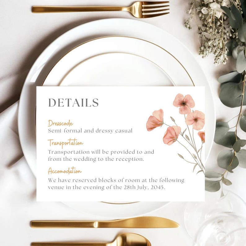 Floral Wedding Details Card Template, Editable Canva Insert, Botanical ...