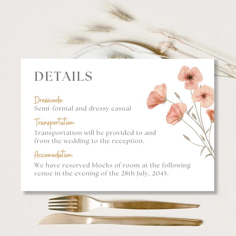 Floral Wedding Details Card Template, Editable Canva Insert, Botanical ...