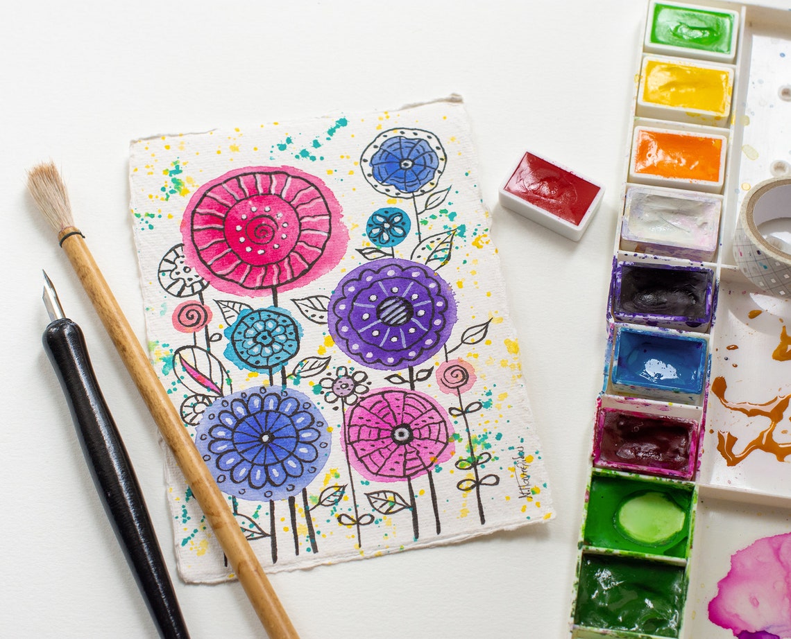 Watercolor Abstract Modern Flowers Original Painting, Small Colorful ...