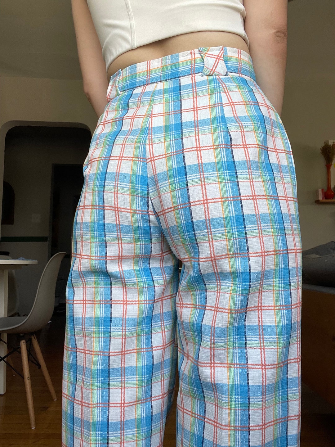 Vintage 1970s High Waisted Plaid Flared Pants - Etsy